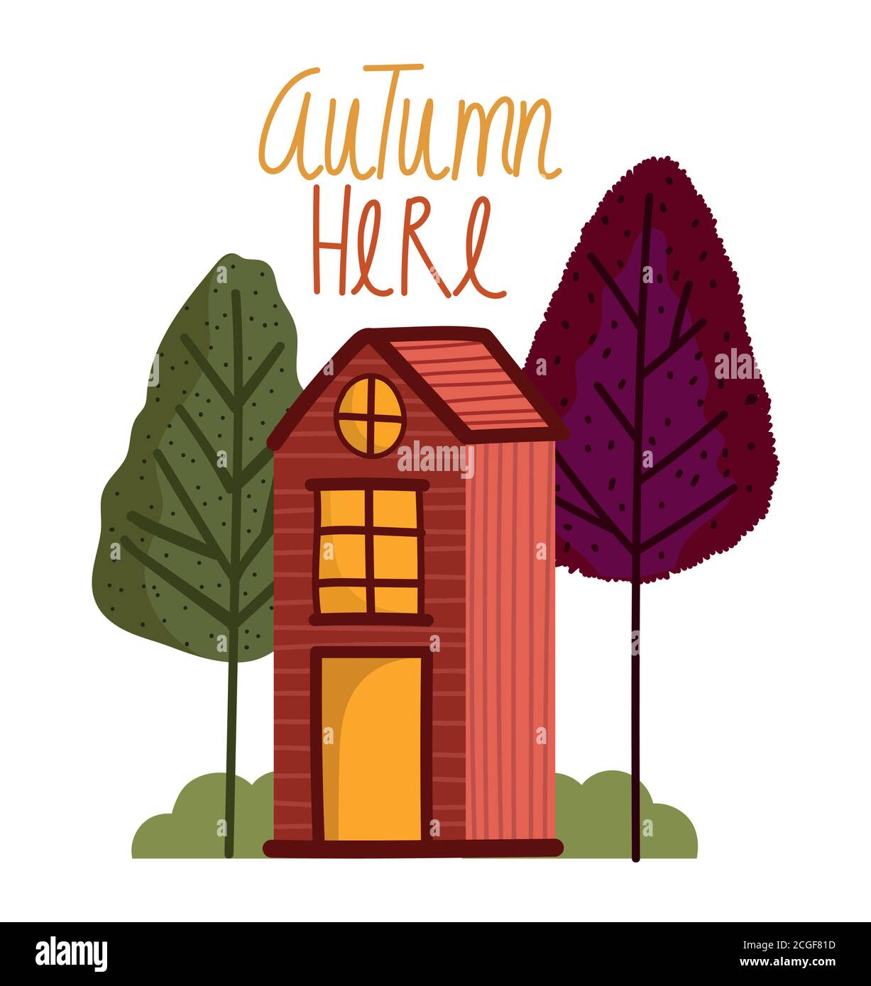 hello autumn, cartoon wooden house trees bushes nature vector ...