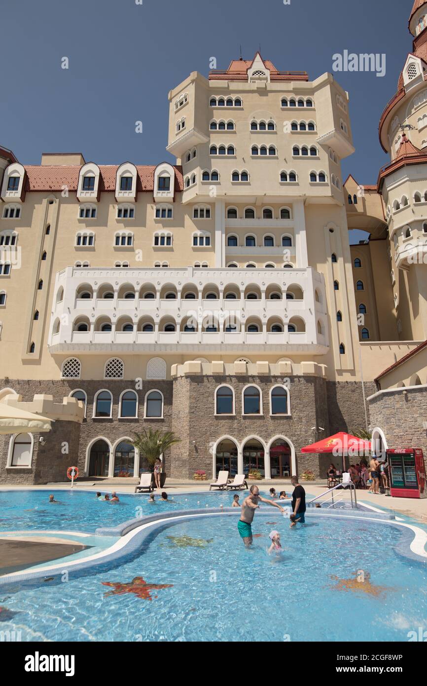 Luxury resort built as Castle with swimming pool at a day light Stock ...