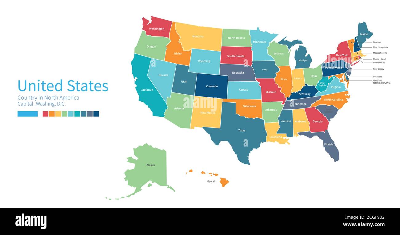United States map. Colorful detailed vector map of the North American ...