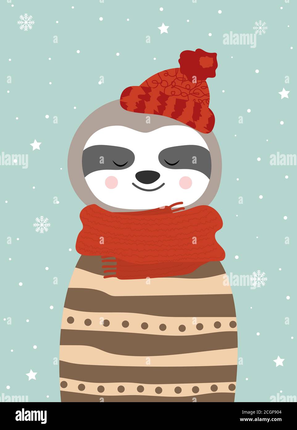 Cute winter smiling white sluggard with snowflakes. Cartoon zoo. Vector ...