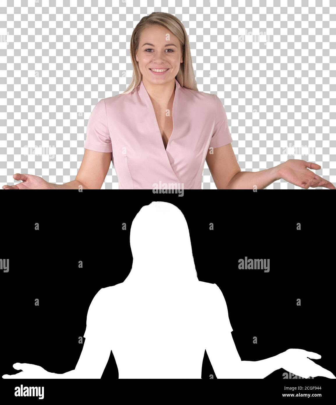 Woman in pink talking to the camera, Alpha Channel Stock Photo - Alamy