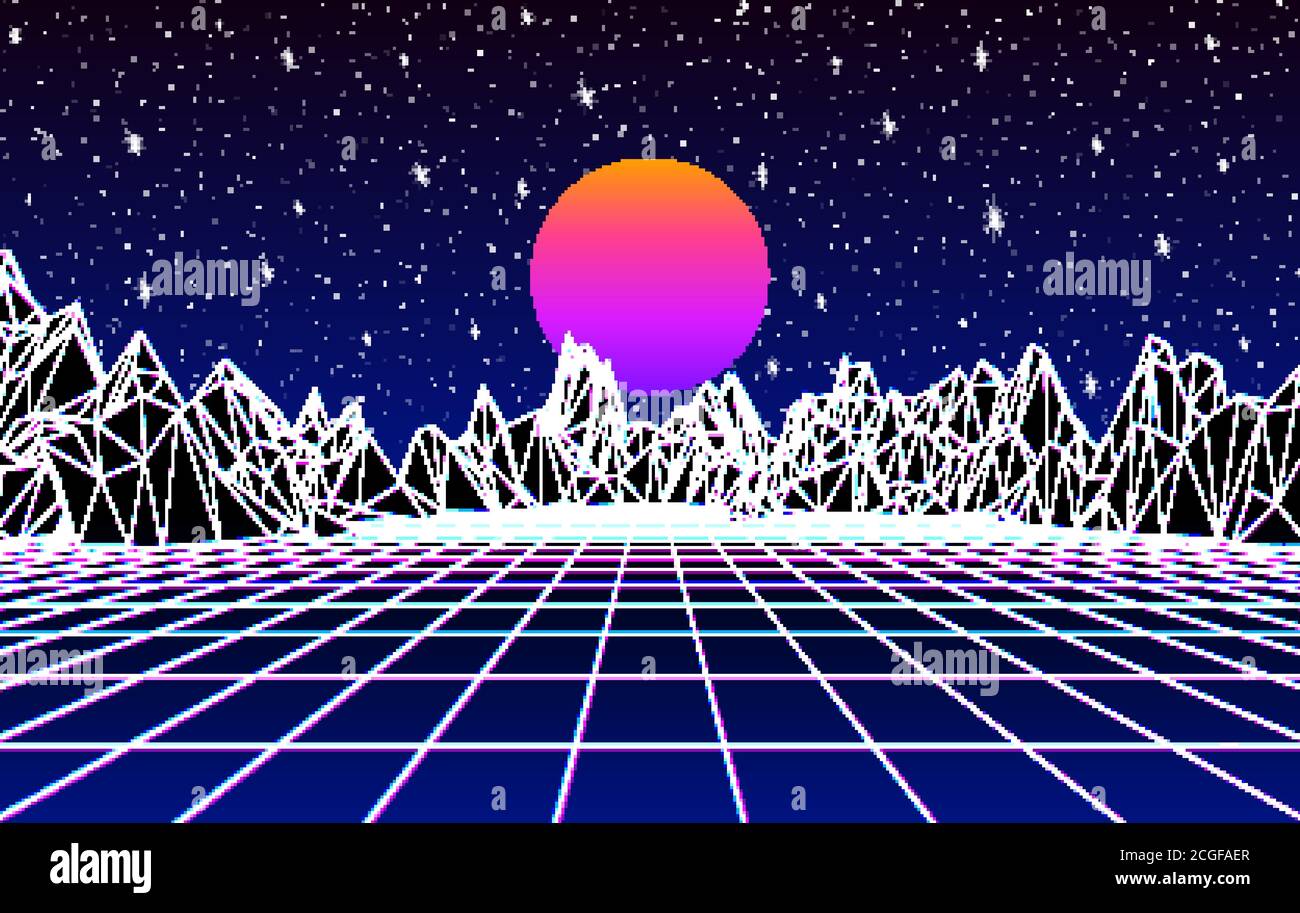 Neon grid landscape and sun with 80s game style Stock Vector Image ...
