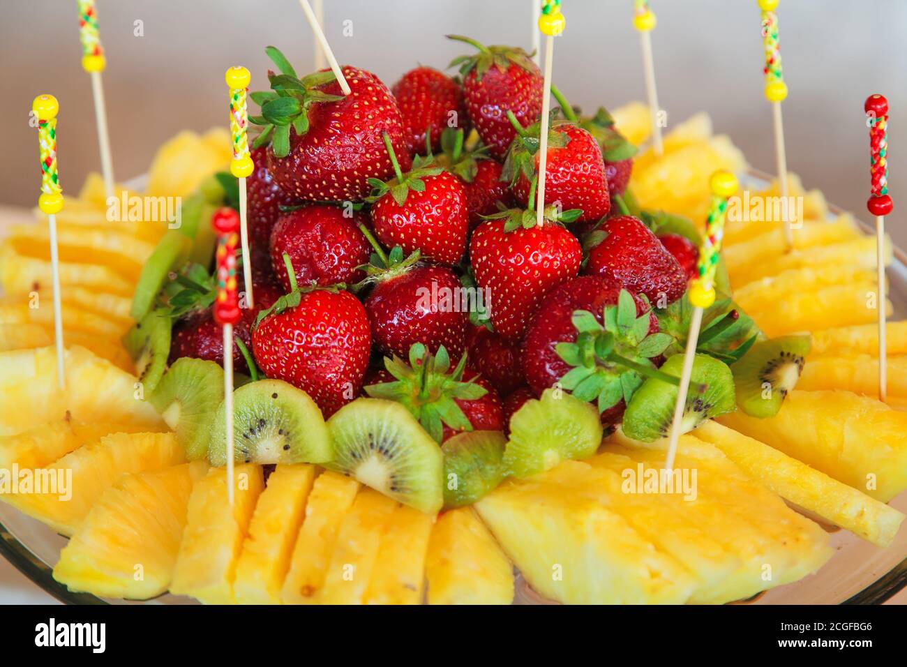 Reception dish with fruits and selective focus Stock Photo - Alamy