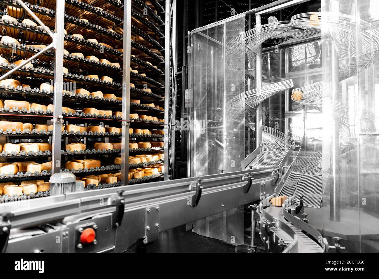 Automatic production line bakery Baked breads from hot oven Stock Photo ...