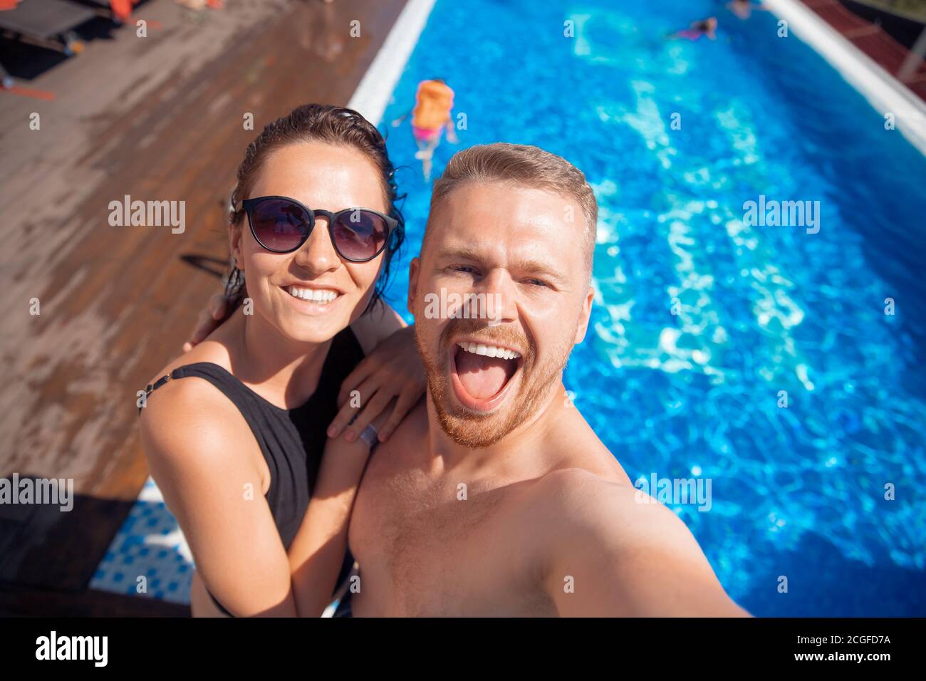 Couple of friends make selfie photo, happy caucasian beautiful young ...