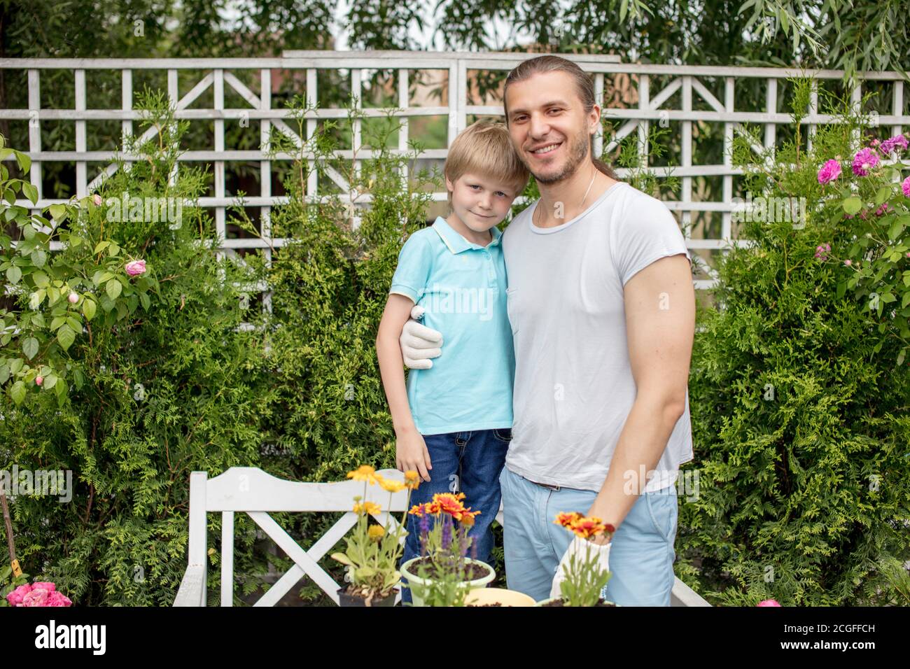 Portrait of handsome father and his cute son in special moments, time ...