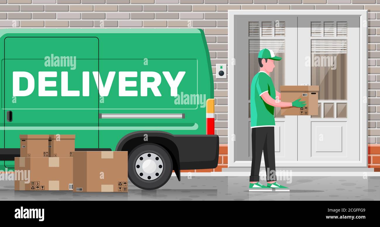 Loader unloads the goods from van. Fast and free delivery service in ...