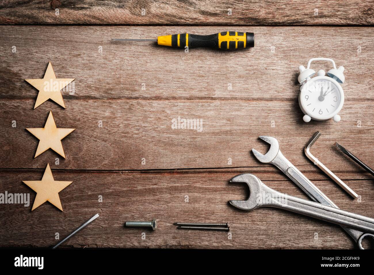 Happy holiday Labor day, different kinds wrenches on wooden desk table ...