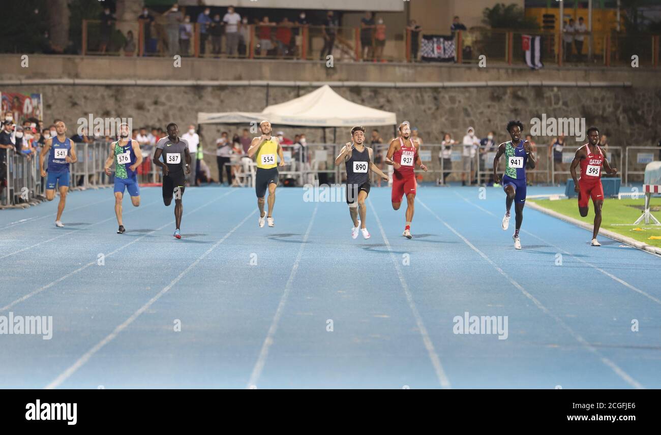 ISTANBUL, TURKEY - SEPTEMBER 04, 2020: Athletes running 100 metres ...