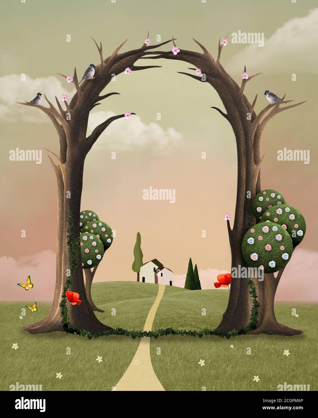 Spring landscape with a countryside house over a trellis in the shape ...