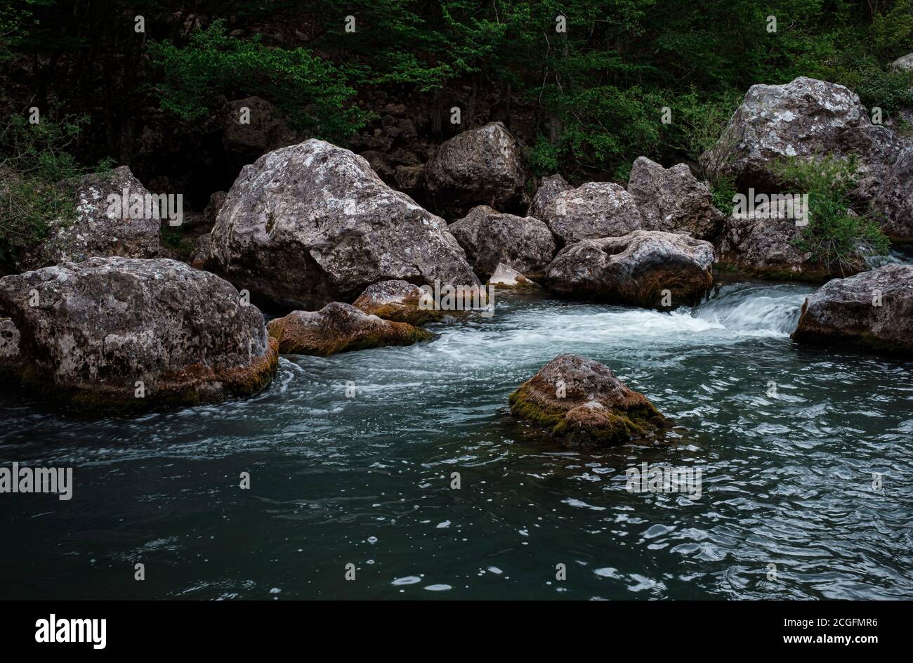 Full-flowing river in a sunny forest. Stream flowing over mossy rocks ...