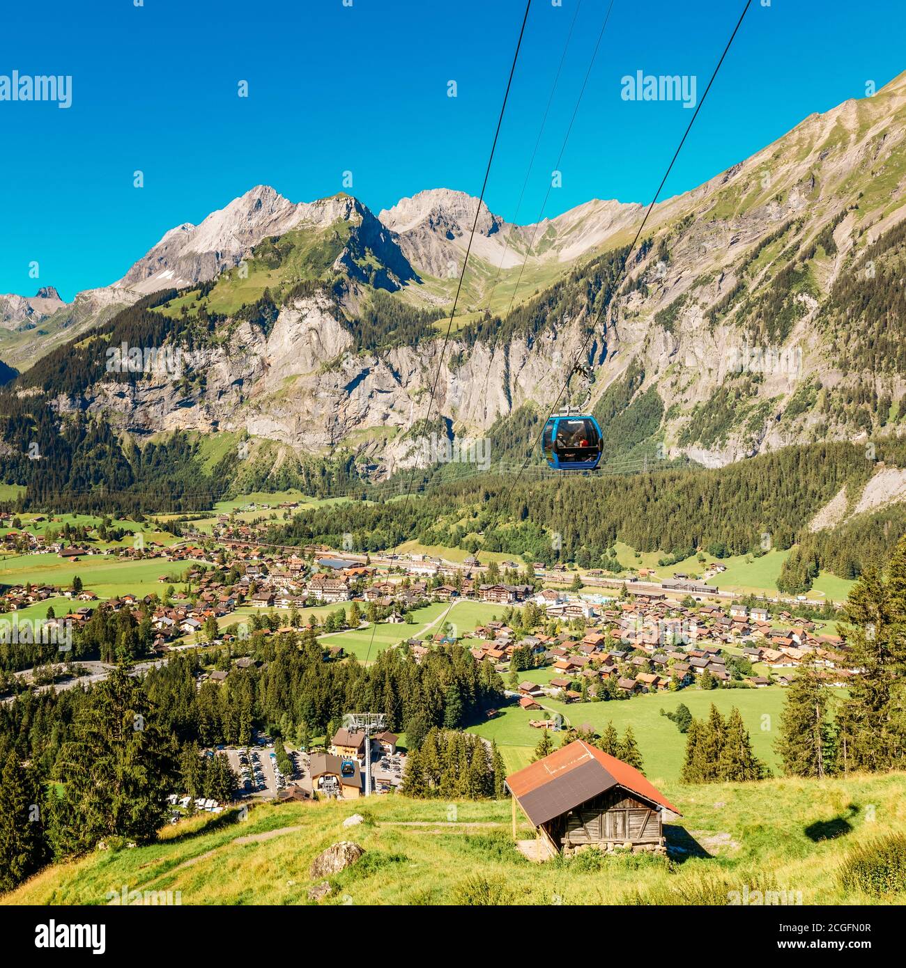 Kandersteg, Switzerland - August 7, 2020: people board the cable car ...