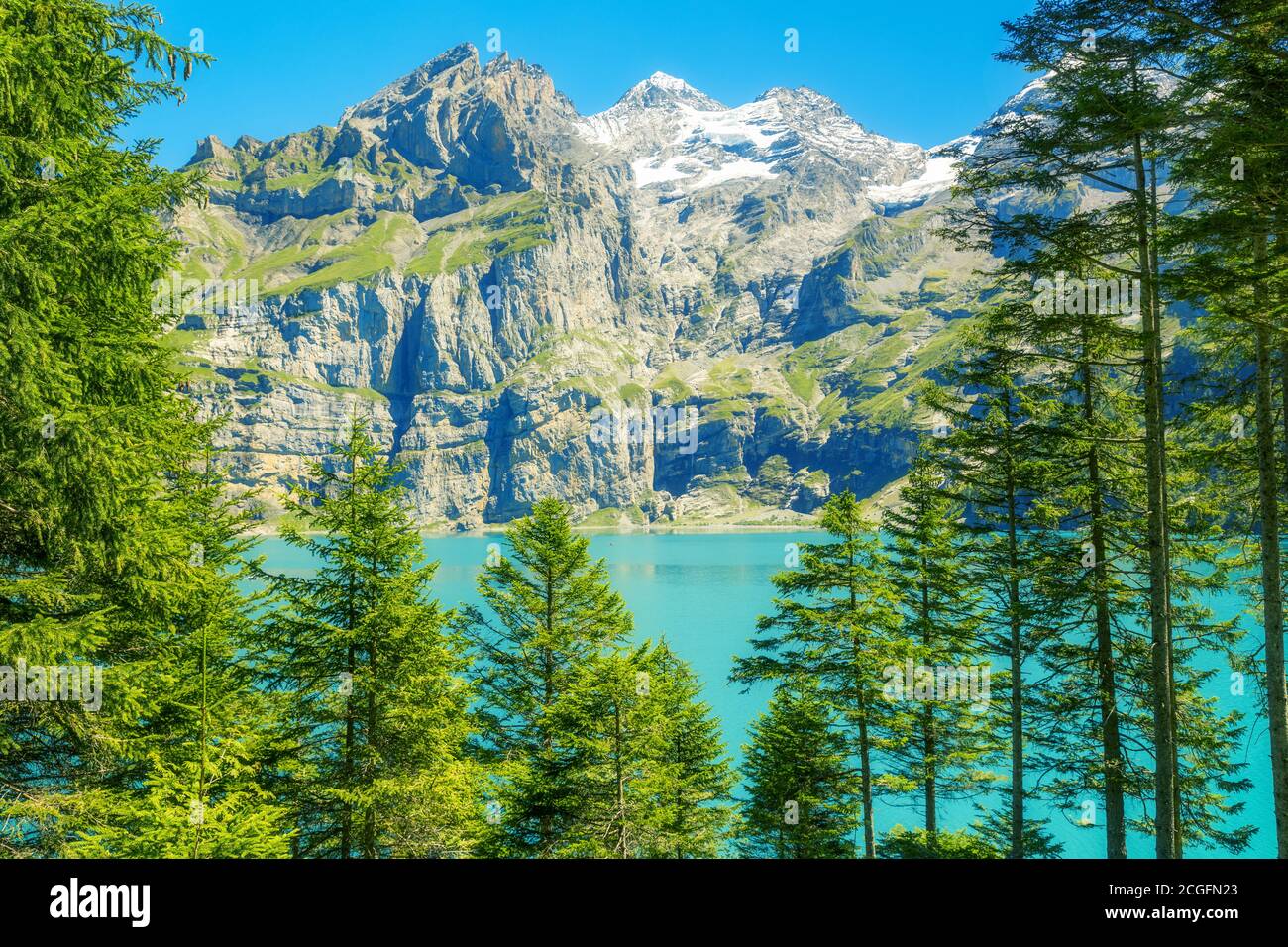 Summer alpine landscape on the Oeschinensee (Lake Oeschinen) in the ...
