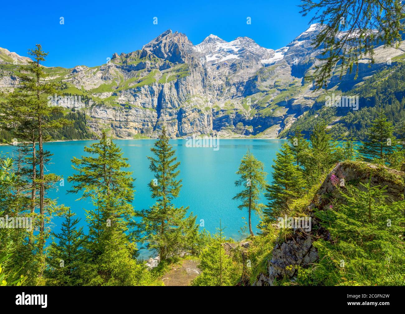Summer alpine landscape on the Oeschinensee (Lake Oeschinen) in the ...