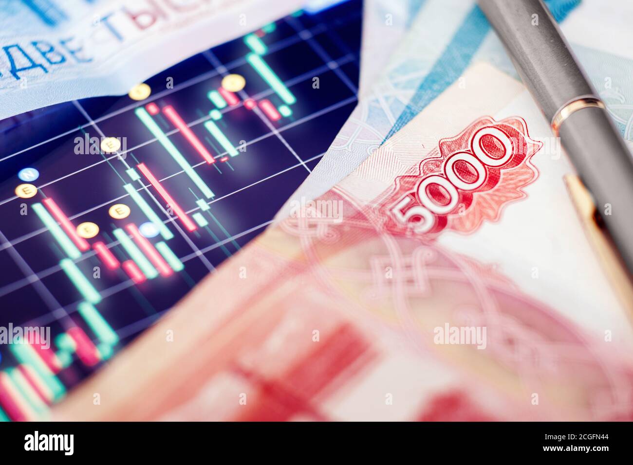 Ruble exchange rate chart on international stock exchanges. Concept ...
