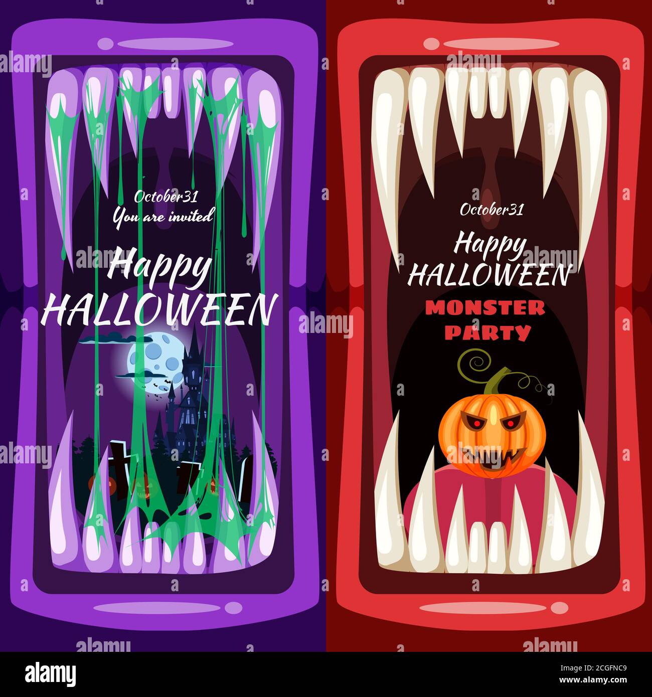 Set Creepy Halloween party banners scary monster character teeth jaw in ...