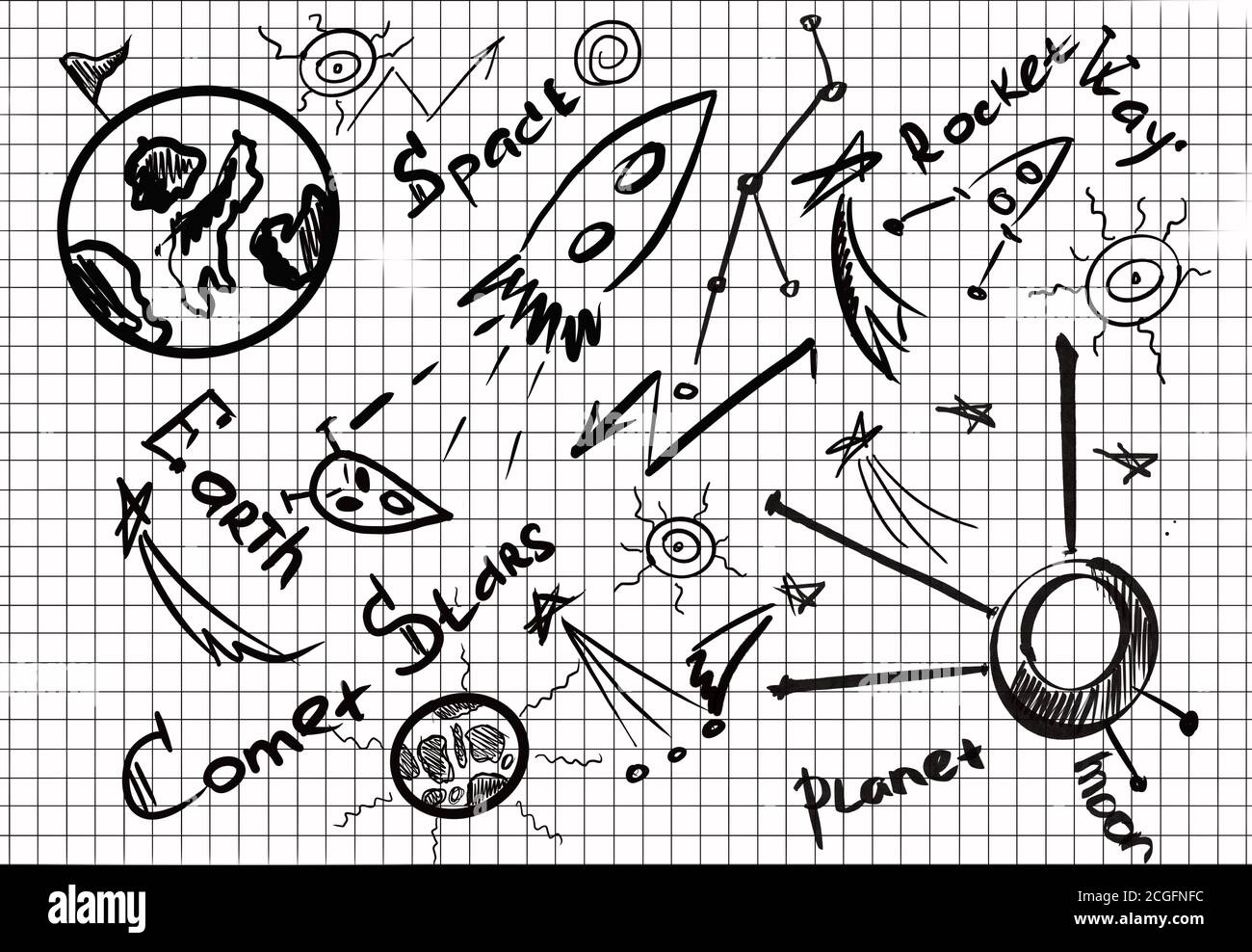 Abstract drawing by a pen in a school notebook on a space theme with a ...