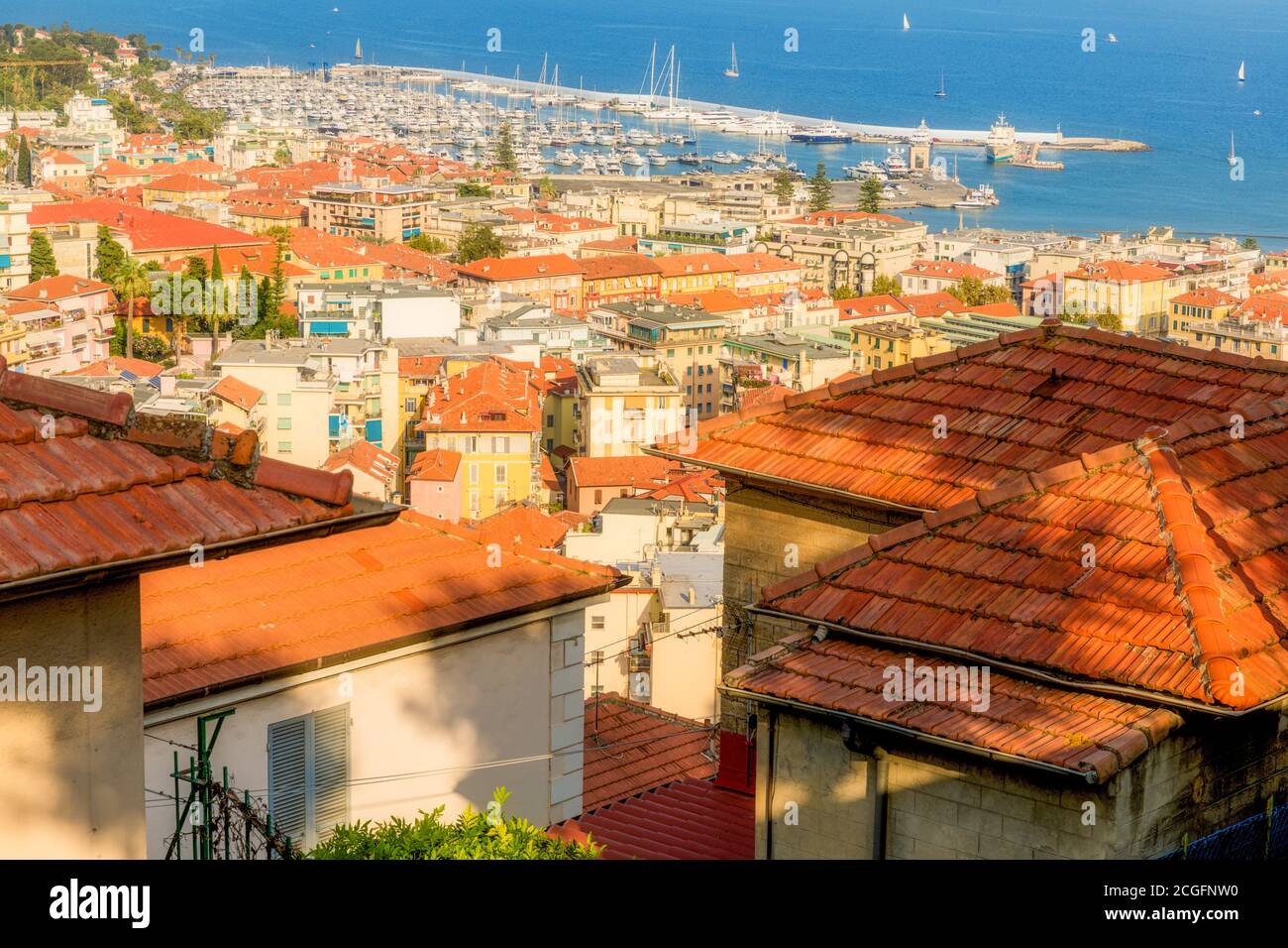 View of Sanremo City, Liguria, Italy showing old town La Pigna and new ...