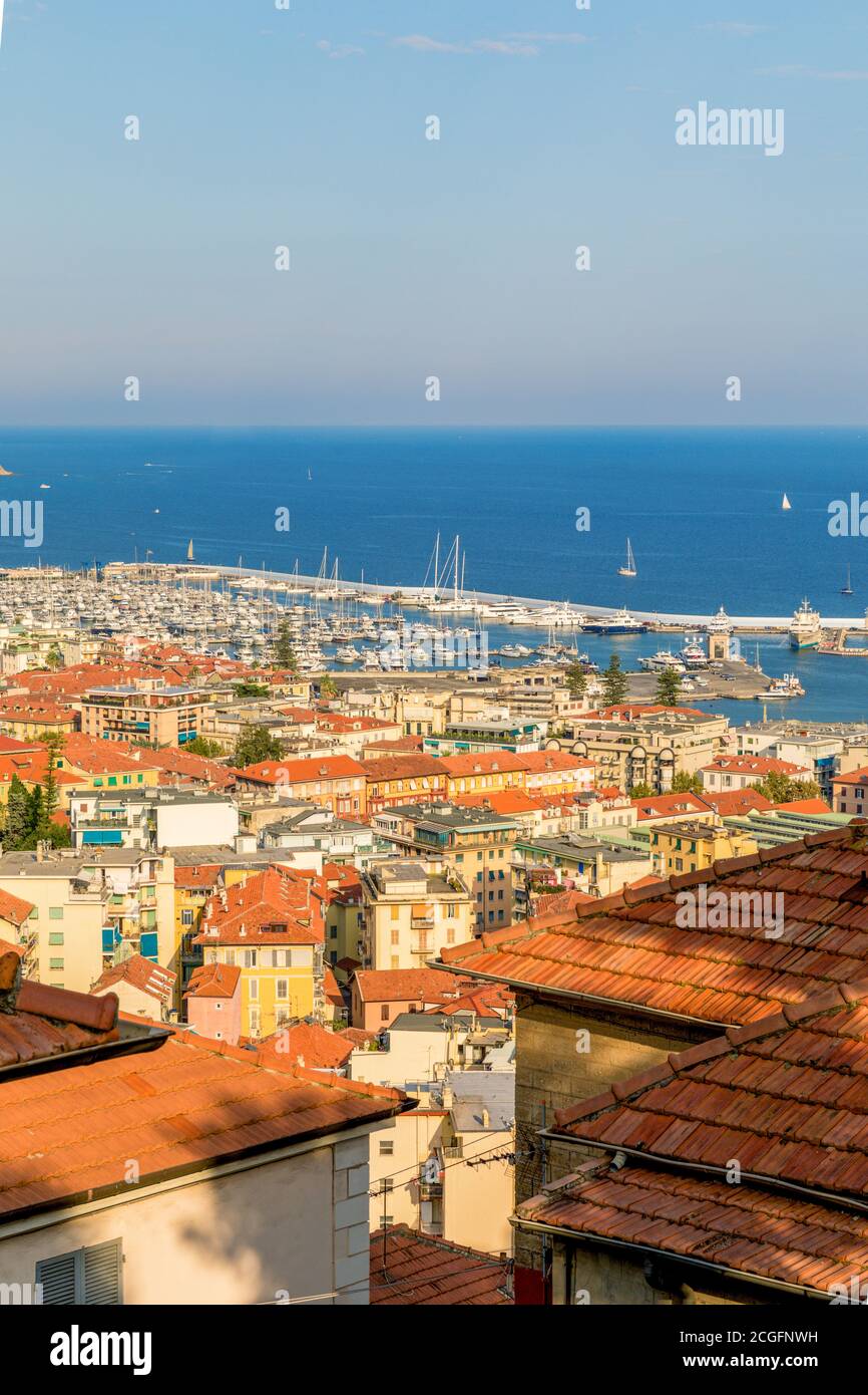 View of Sanremo City, Liguria, Italy showing old town La Pigna and new ...