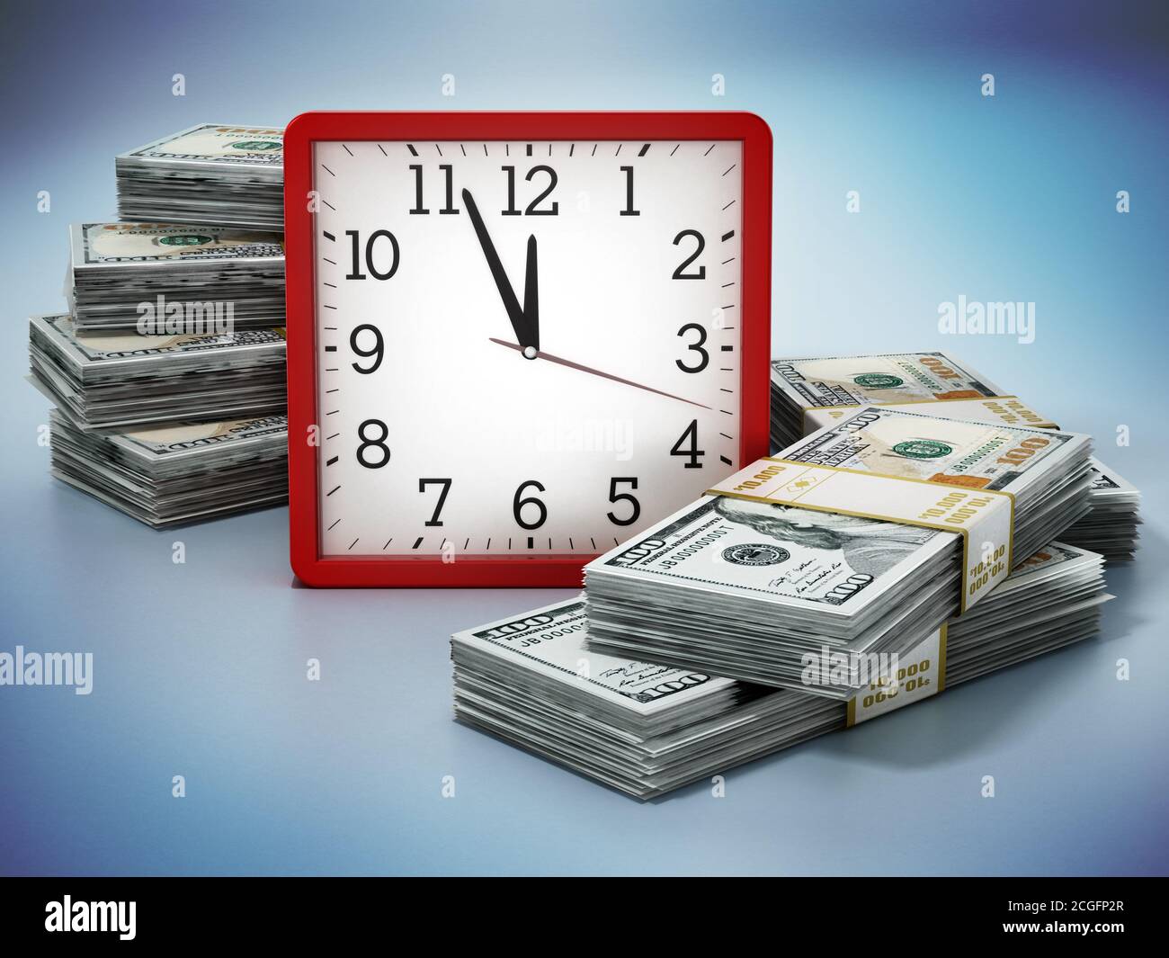 Alarm clock and dollar bills isolated on blue background. 3D ...