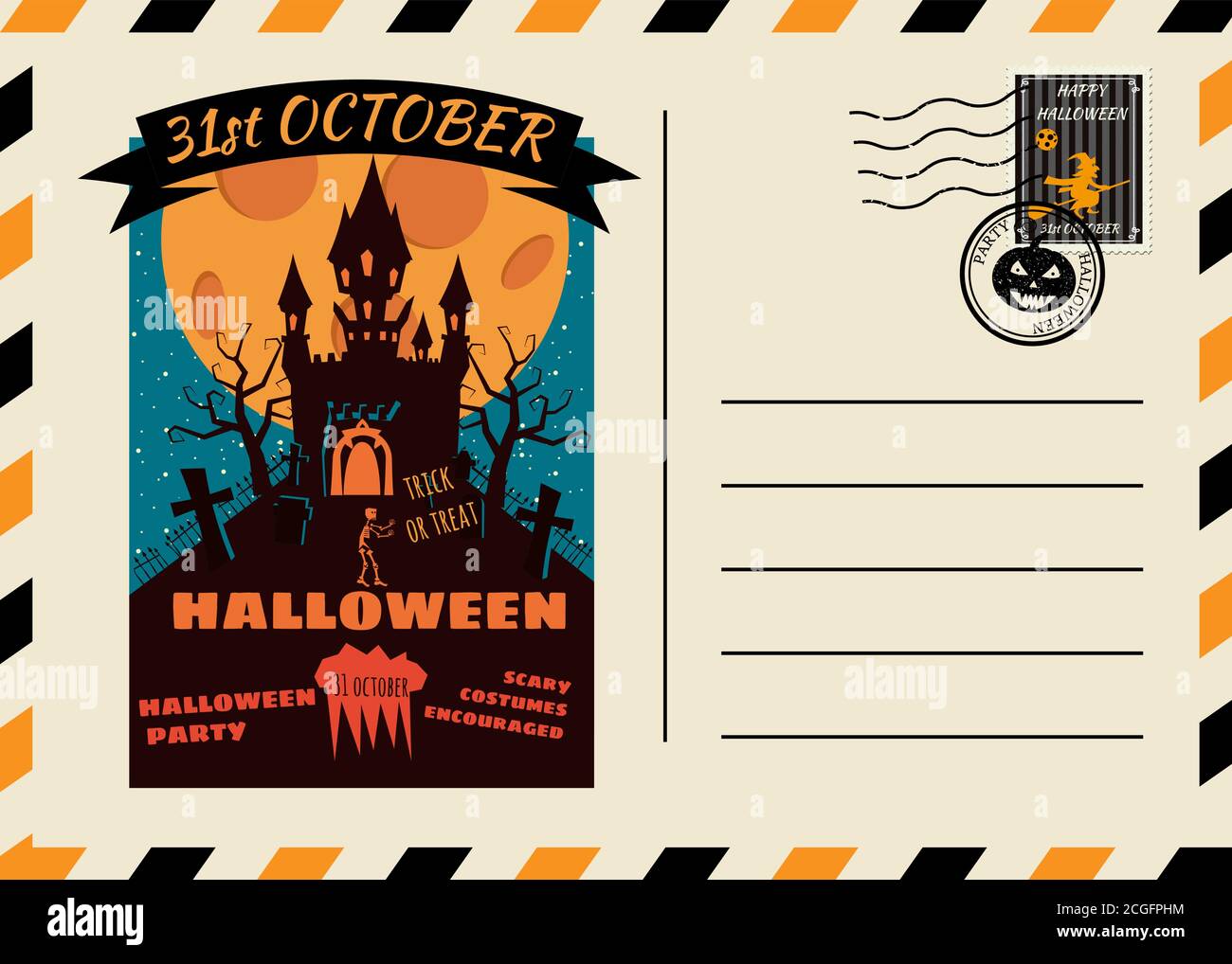 Happy Halloween Postcard invitation template with Postage Stamp ...