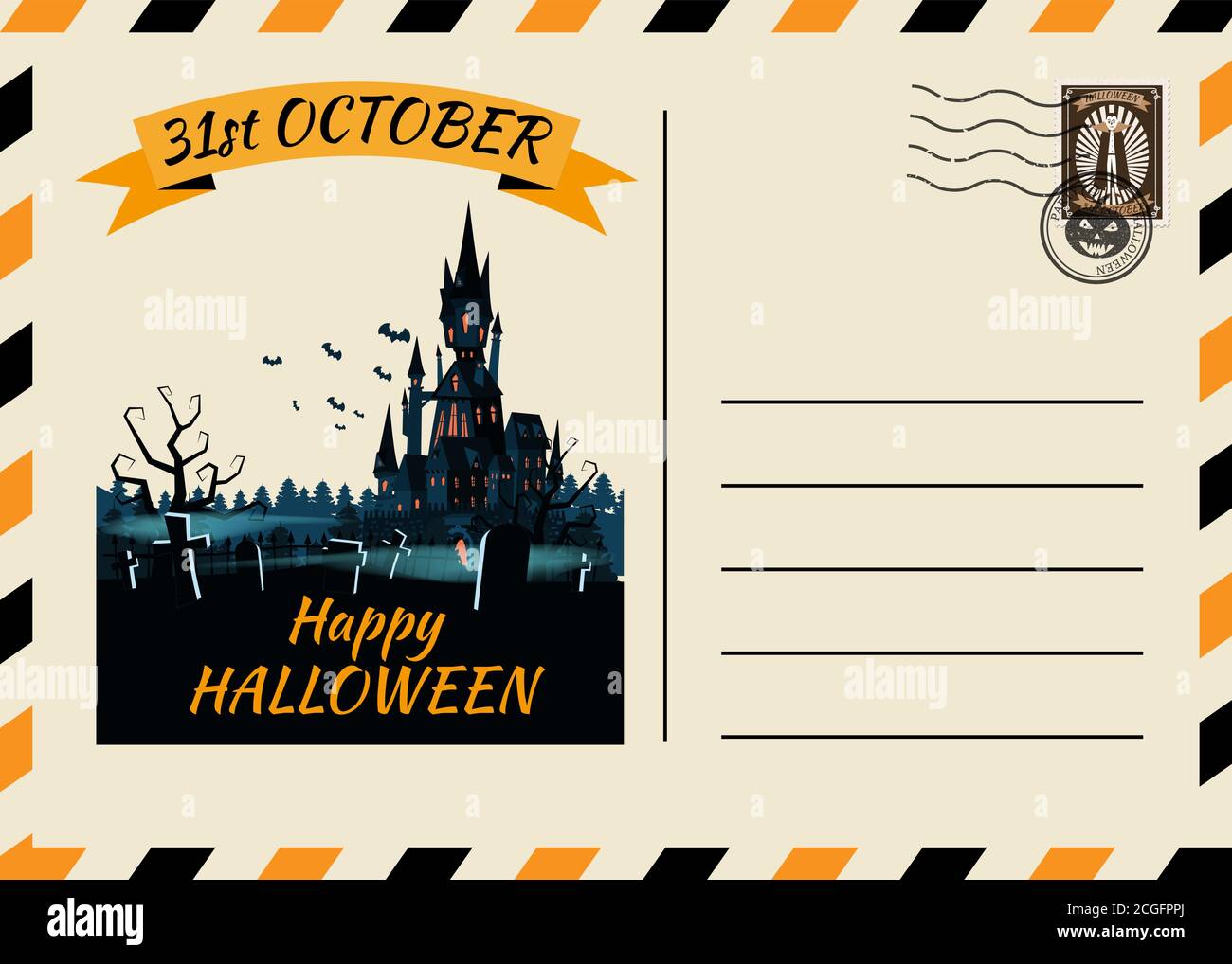 Happy Halloween Postcard invitation Dark Castle Cemetery template with ...