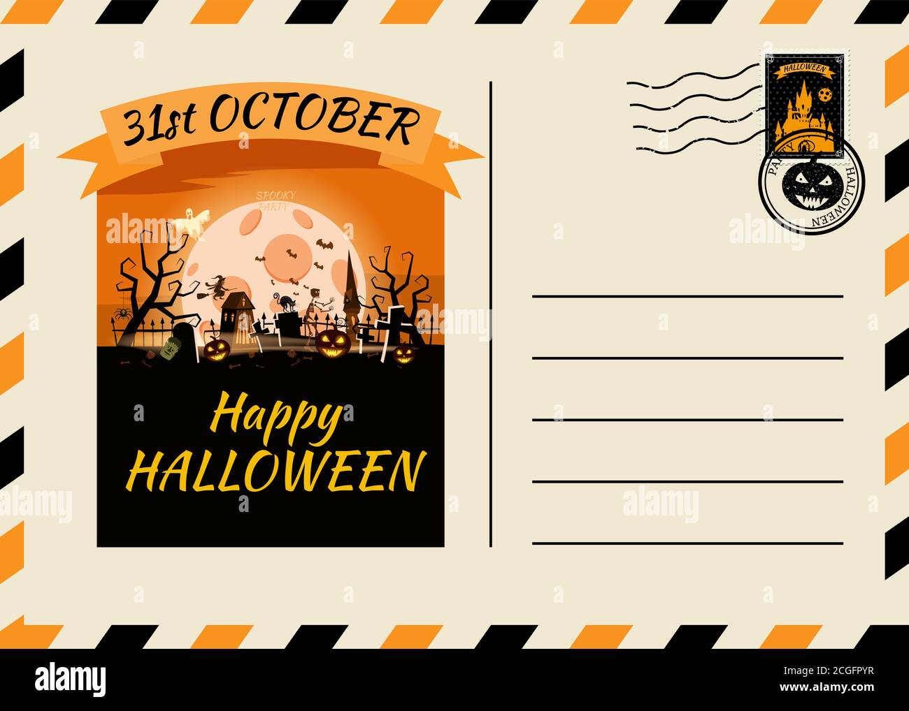 Happy Halloween Postcard invitation template with Postage Stamp ...