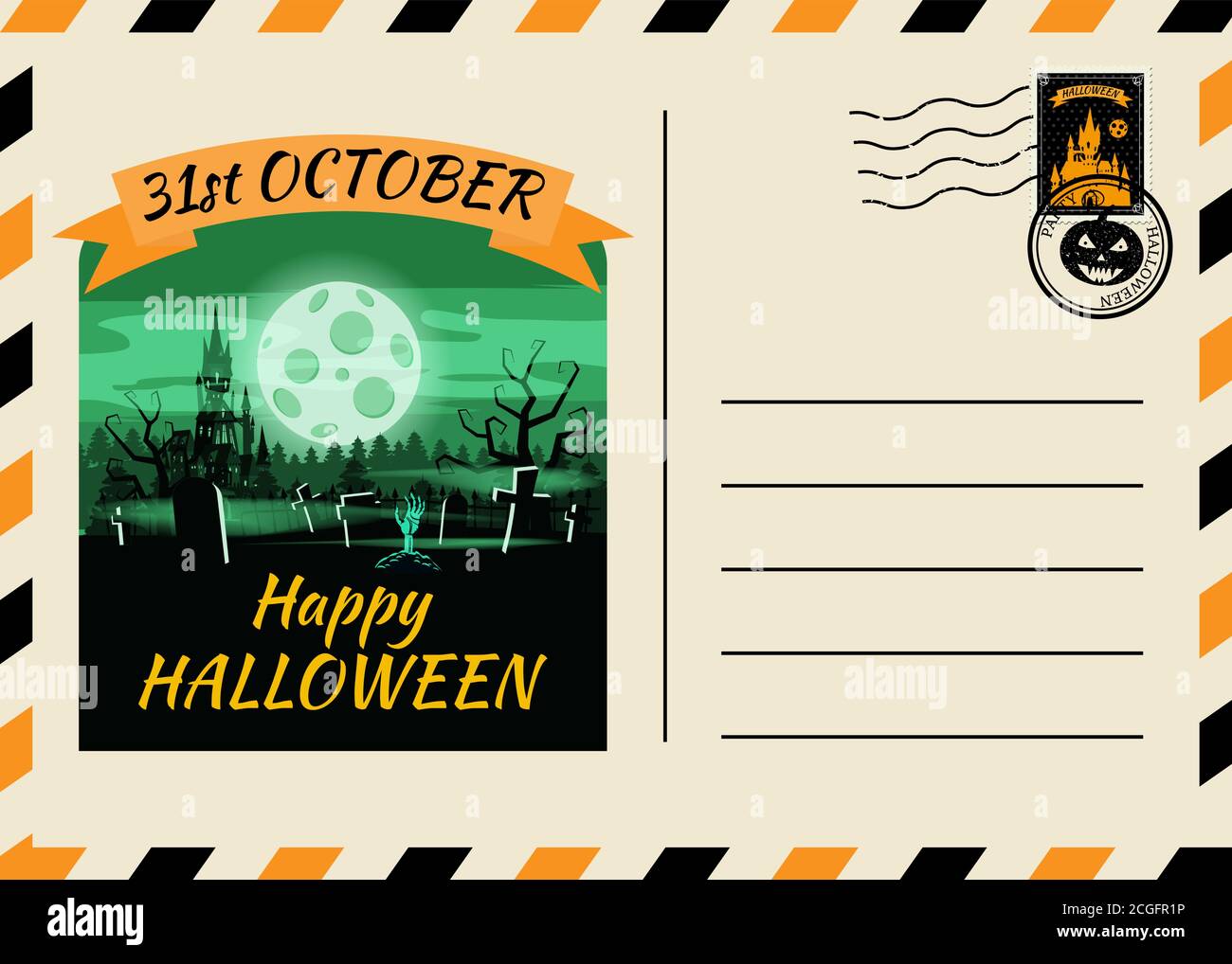 Happy Halloween Postcard invitation Dark Castle Cemetery template with ...