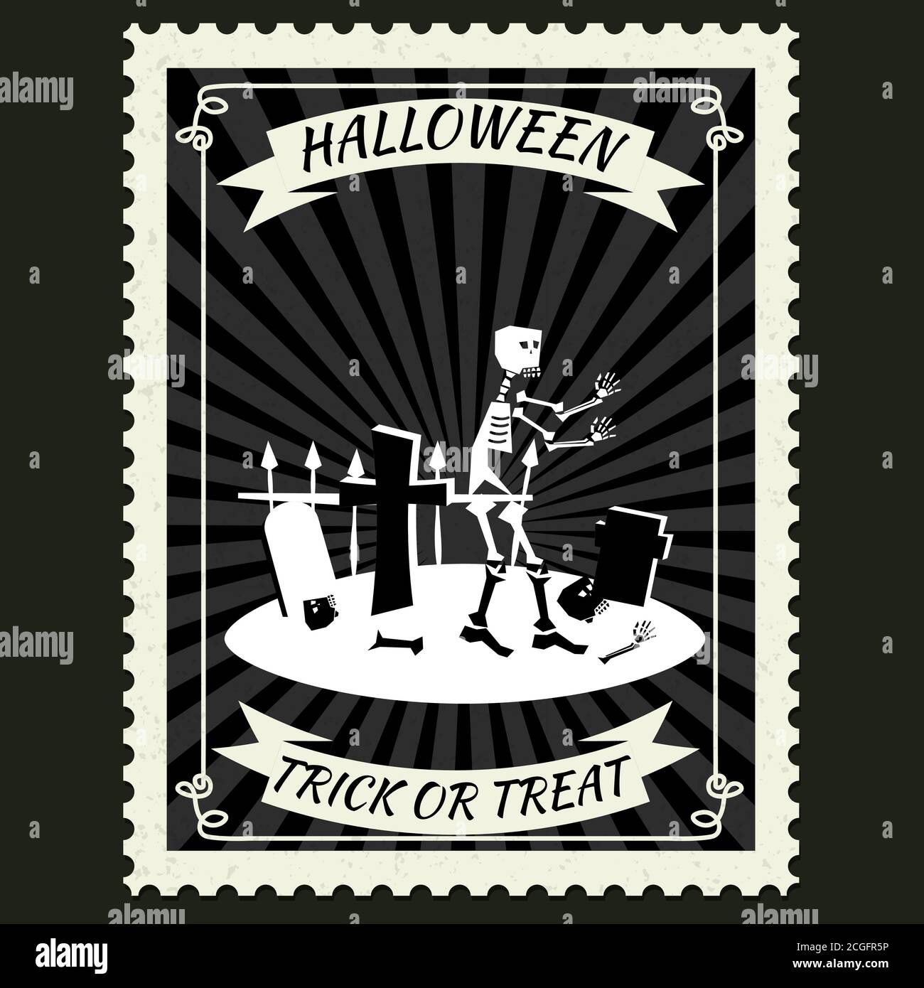 Happy Halloween Postage Stamps with skeleton cemetery, halloween ...