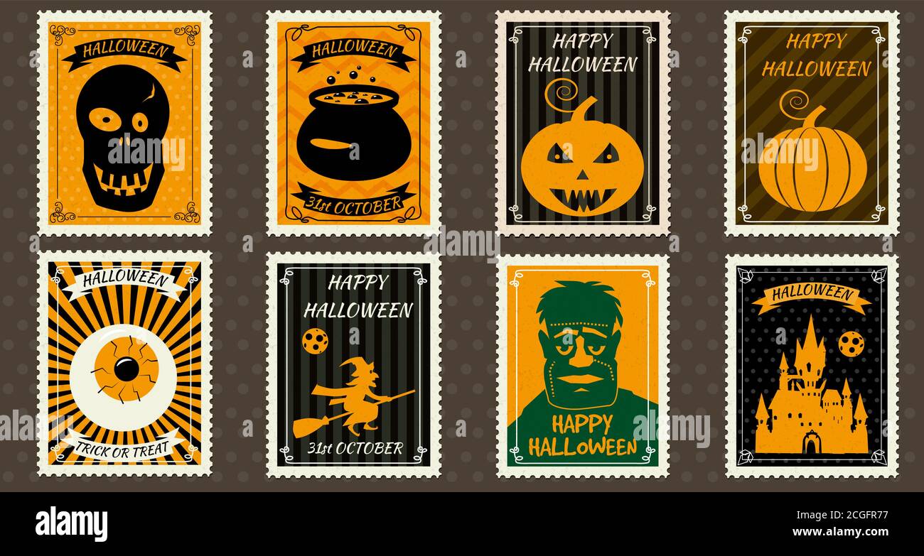 Happy Halloween Set Postage Stamps with pumpkin, scull, witch cauldron ...