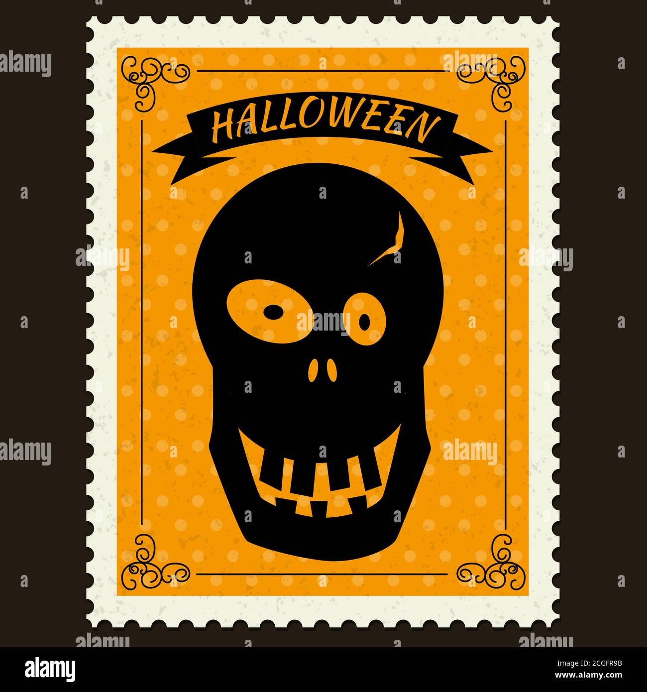 Happy Halloween Postage Stamps with skull, halloween cartoon character ...