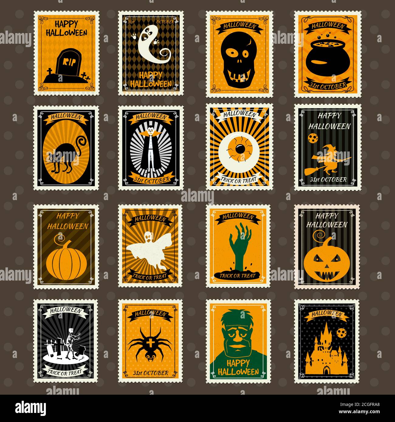Happy Halloween Set Postage Stamps with ghost, pumpkin, scull, grave ...