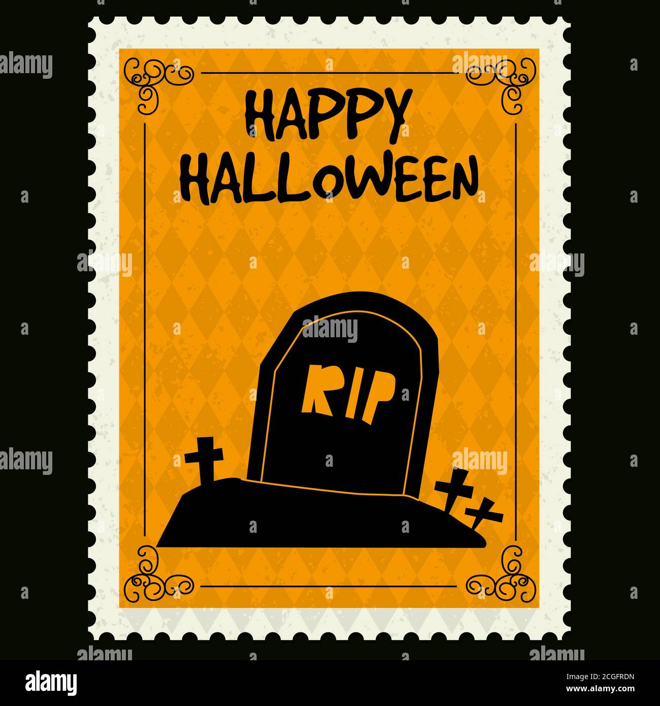 Happy Halloween Postage Stamps with grave, halloween cartoon character ...