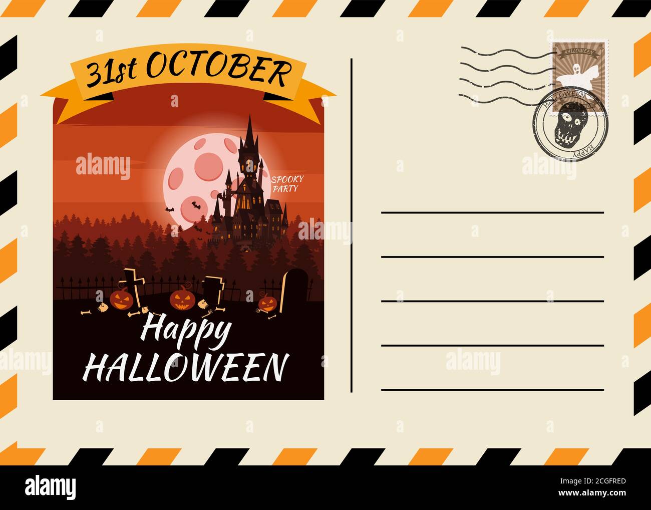Happy Halloween Postcard invitation Dark Castle Cemetery template with ...