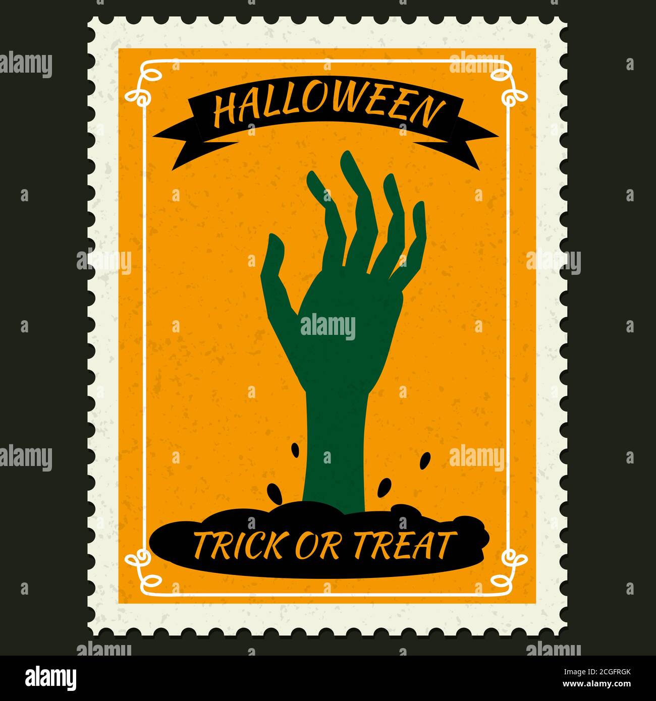 Happy Halloween Postage Stamps with hand of the risen dead zombie ...