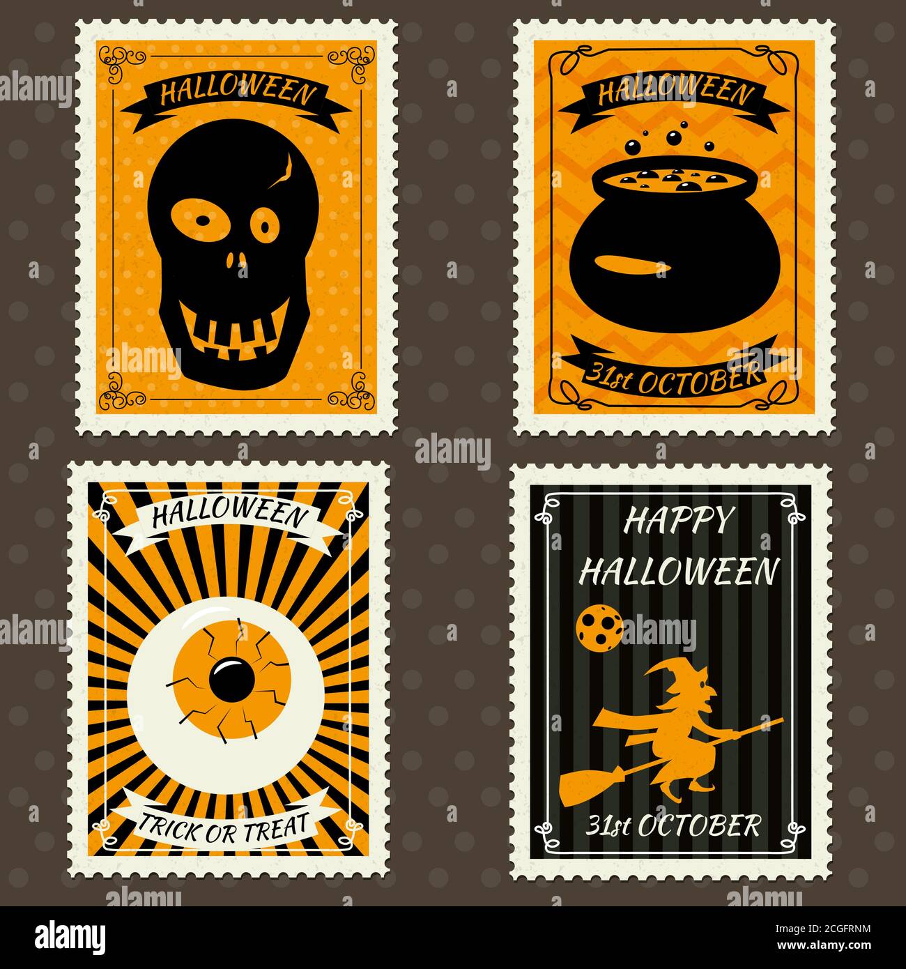 Happy Halloween Set Postage Stamps with scull, witch cauldron, witch on ...