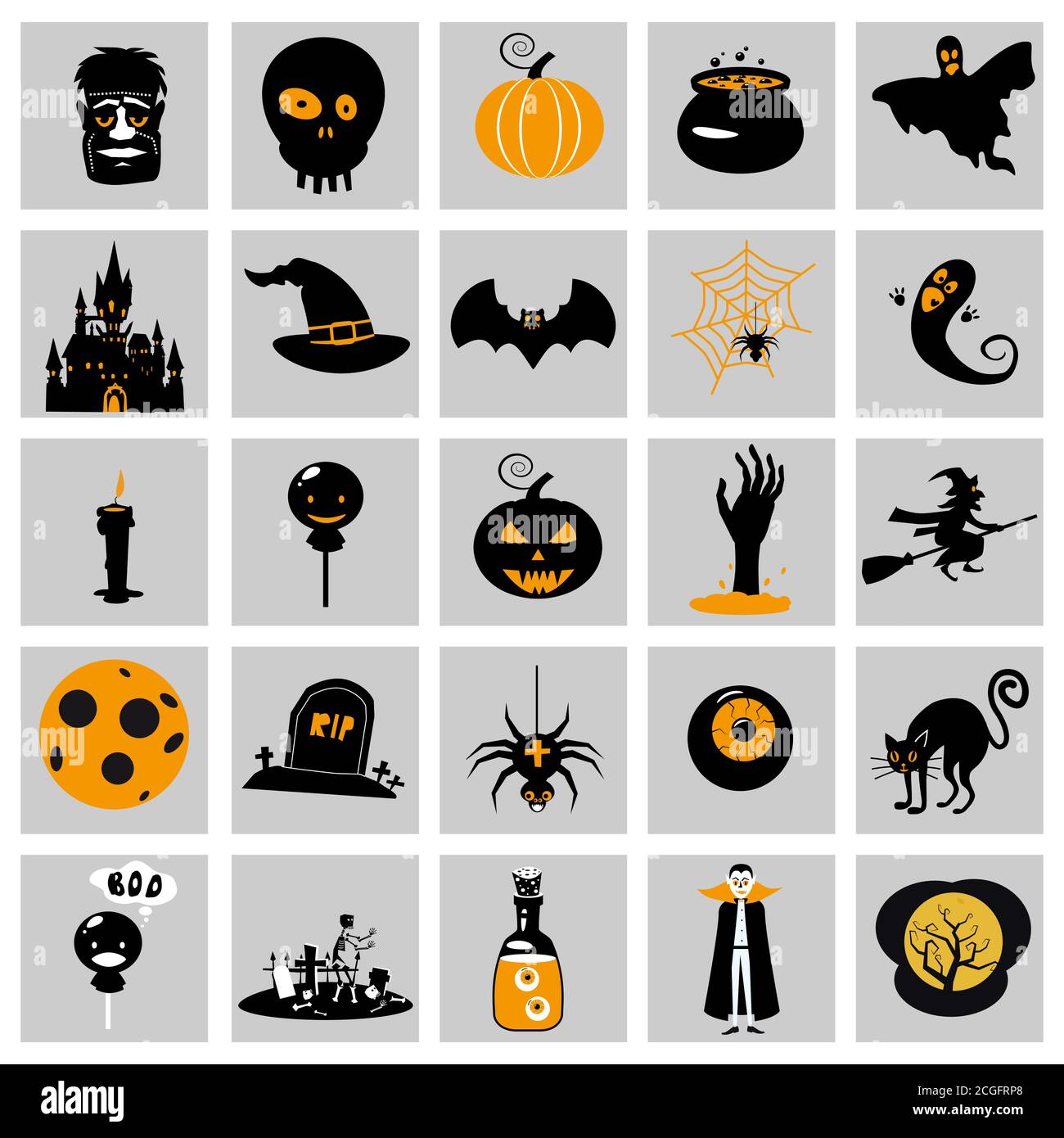 Set Halloween icons and illustrations colorful pumpkins bat, owl, ghost ...