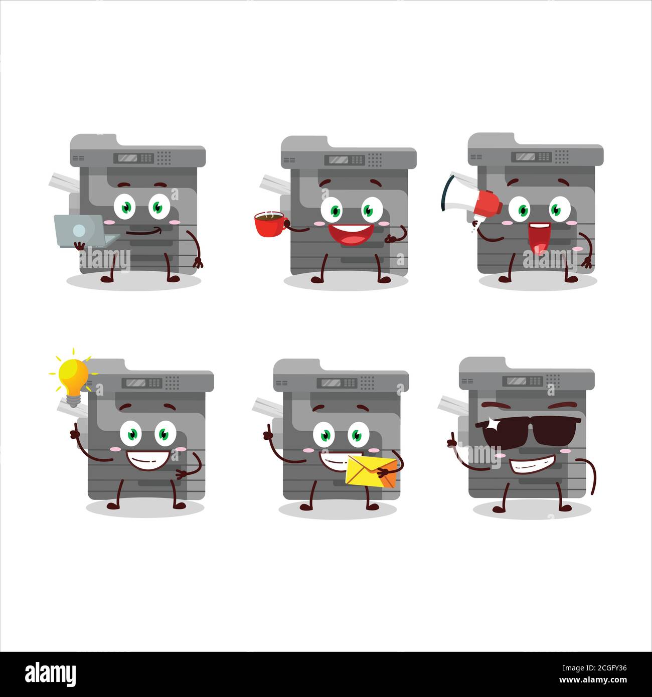 Office copier cartoon character with various types of business ...
