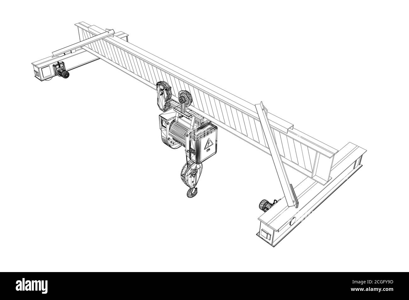 Wireframe Of Lifting Stationary Crane From Black Lines Isolated On White Background 3d