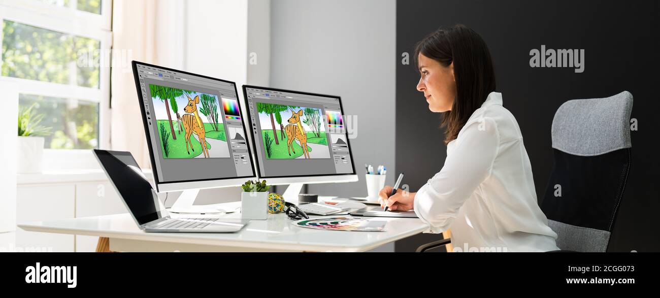 Graphic Designer Artist Working On Multiple Computer Screens Stock ...