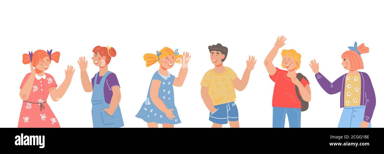 Cute children characters waving hands in greeting gesture Stock Vector ...