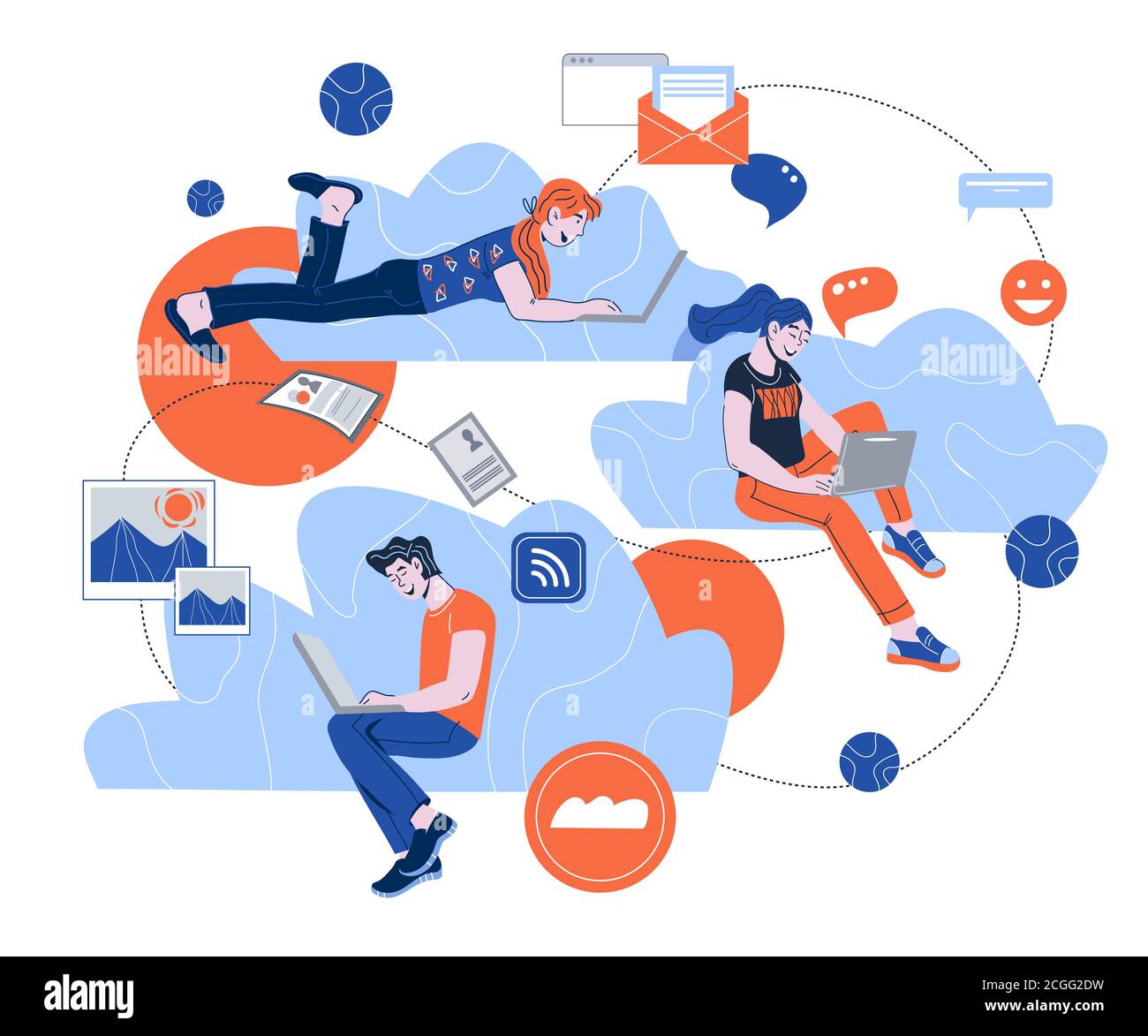 Cloud networking concept with people working on laptop, vector ...