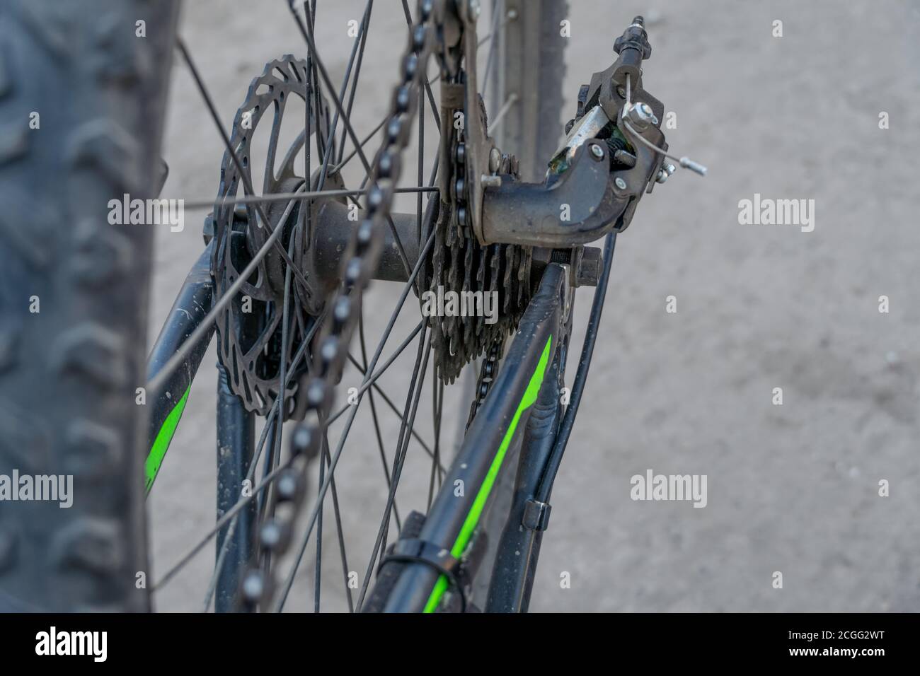 Closeup of a mechanism of bicycle mechanisms and chain on a mountain ...