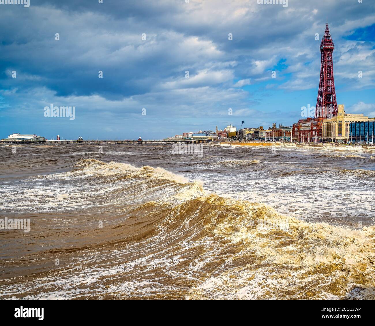 Blackpool sea front and tower with a rough sea Stock Photo - Alamy