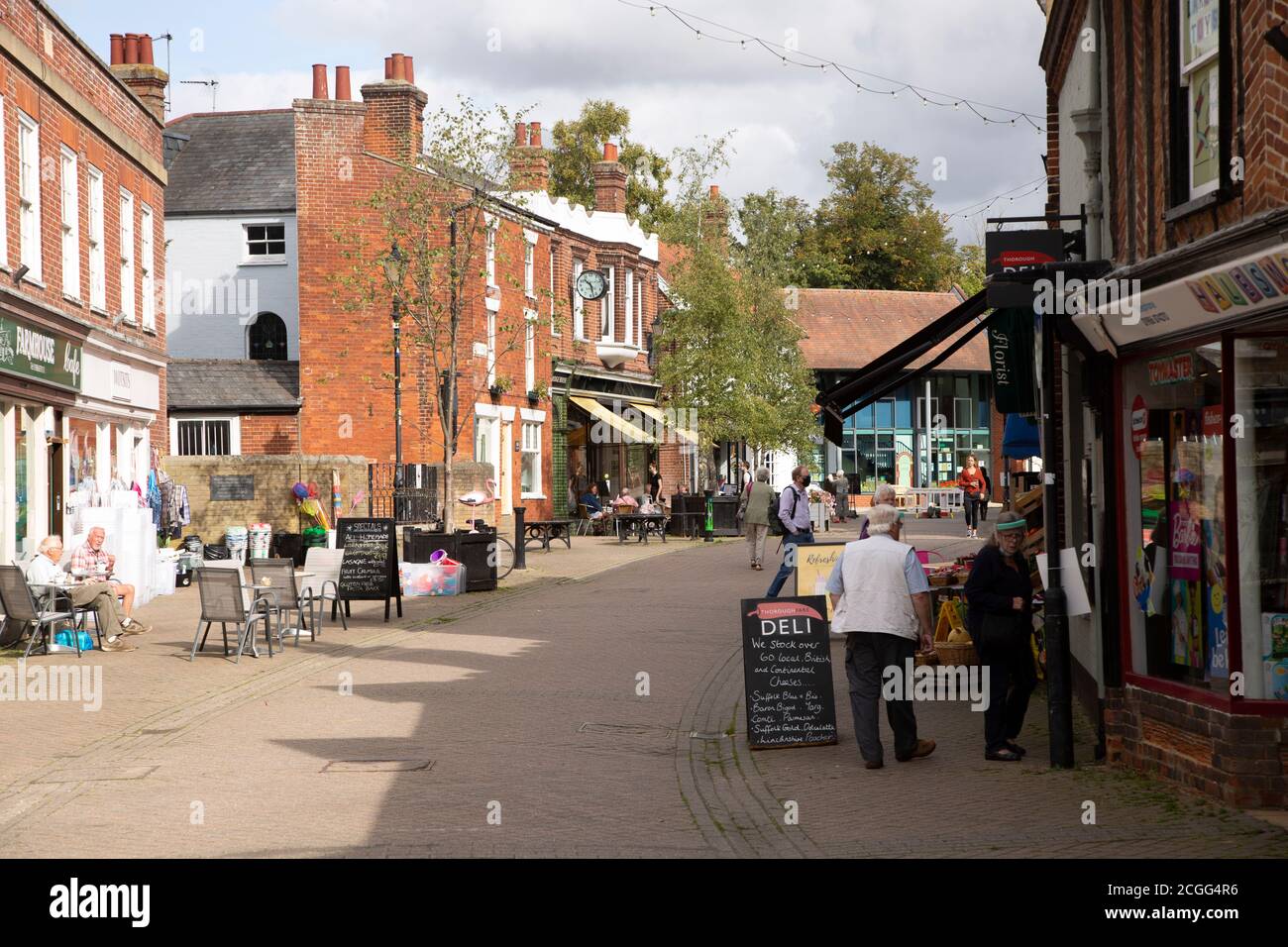People and shops in pedestrianised street in town centre, Halesworth ...
