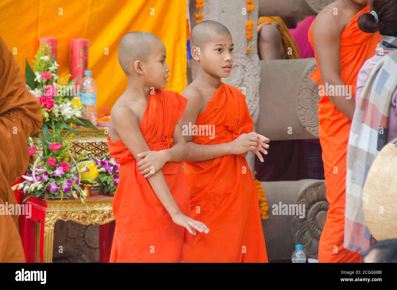 two child monks attending prayer at mahabodhi temple bodh gaya bihar ...