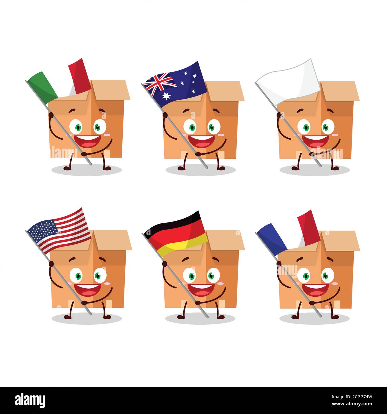 Office Boxes Cartoon Character Bring The Flags Of Various Countries
