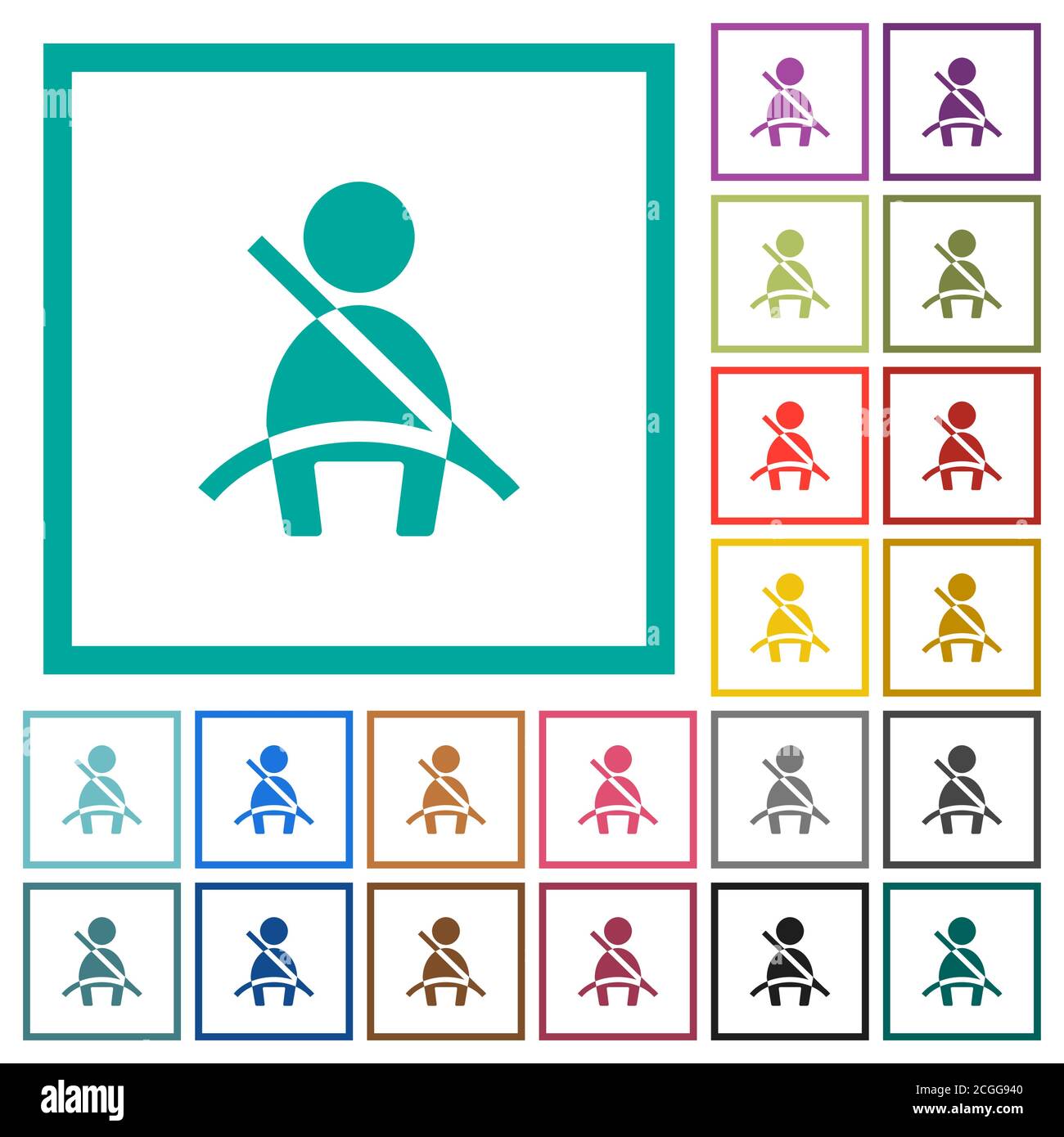 Car seat belt warning indicator flat color icons with quadrant frames ...