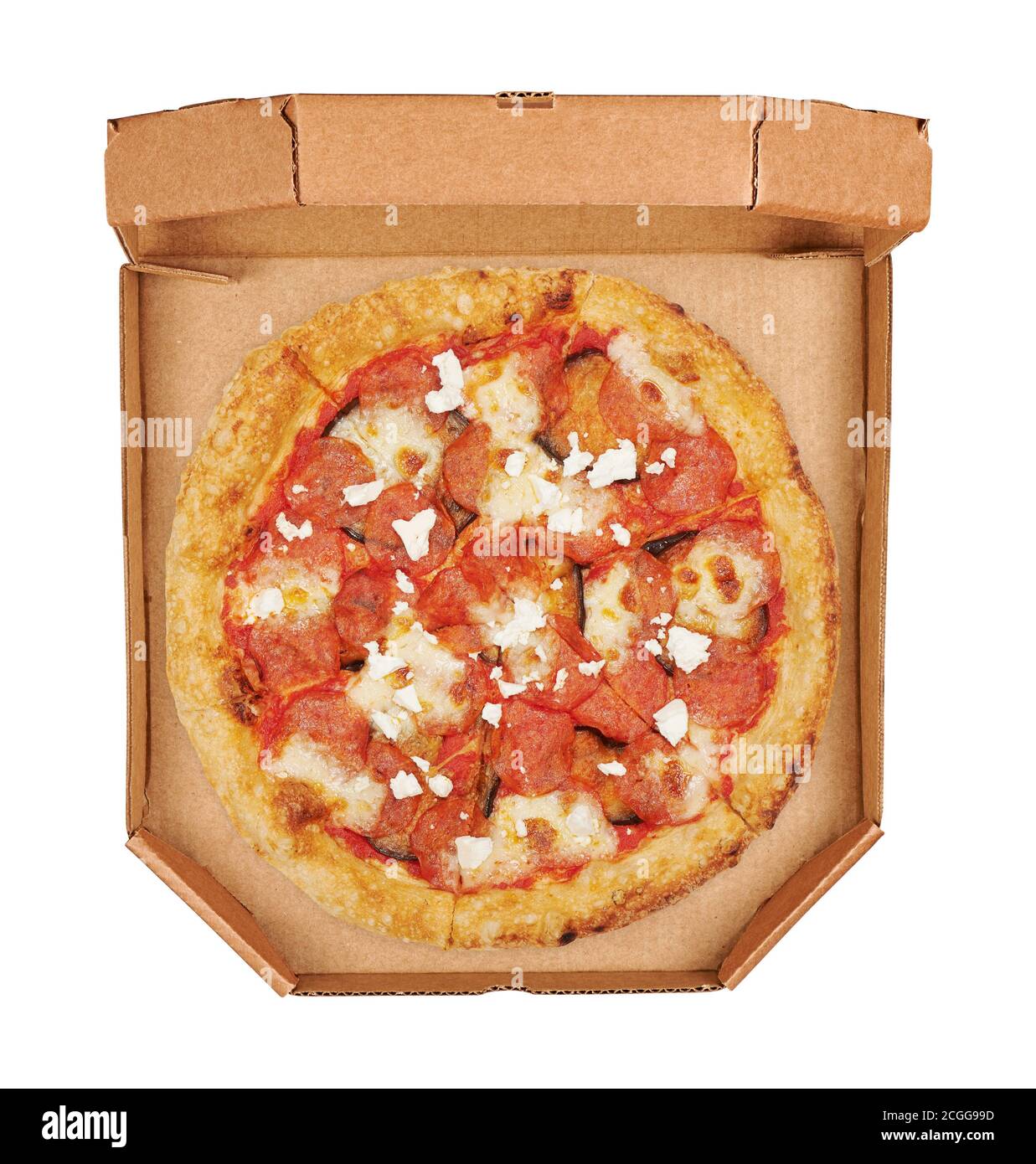 italian pizza in a box top view. Isolated on white background with ...