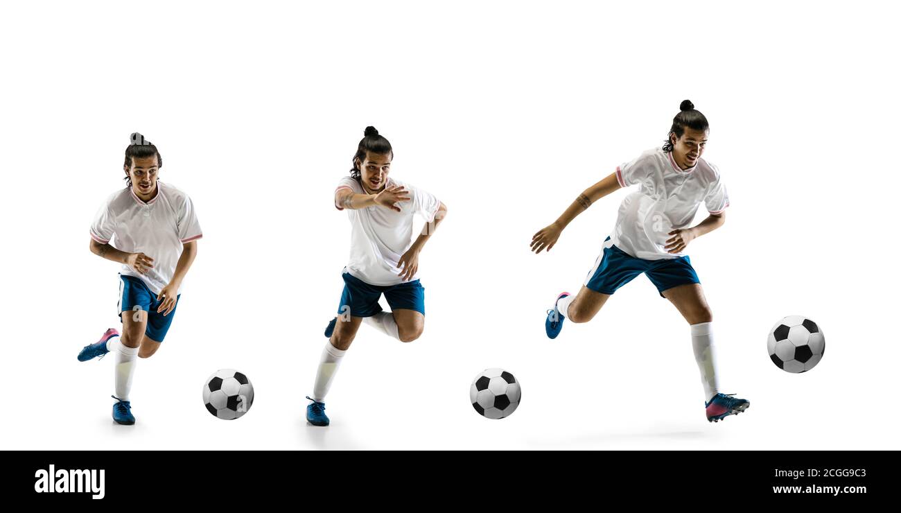 Confident football player in motion and action isolated on white ...